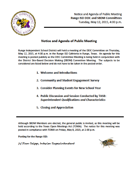Runge ISD - Notice and Agenda of Public Meeting