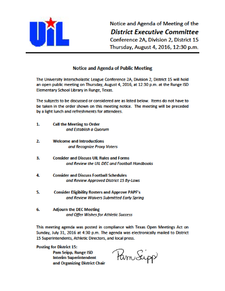Runge ISD - DEC Meeting Agenda Conf 2A Div 2 District 15