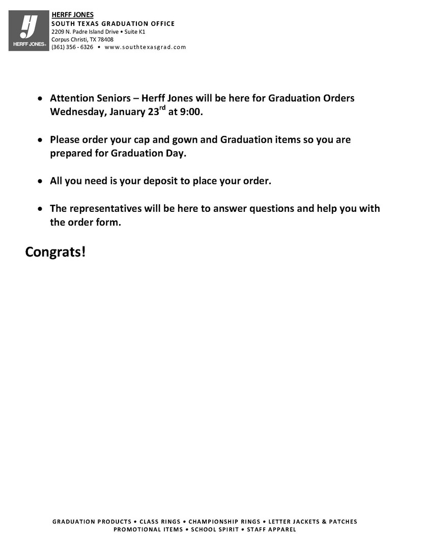 Runge ISD - Senior Graduation Order Reminder Announcement