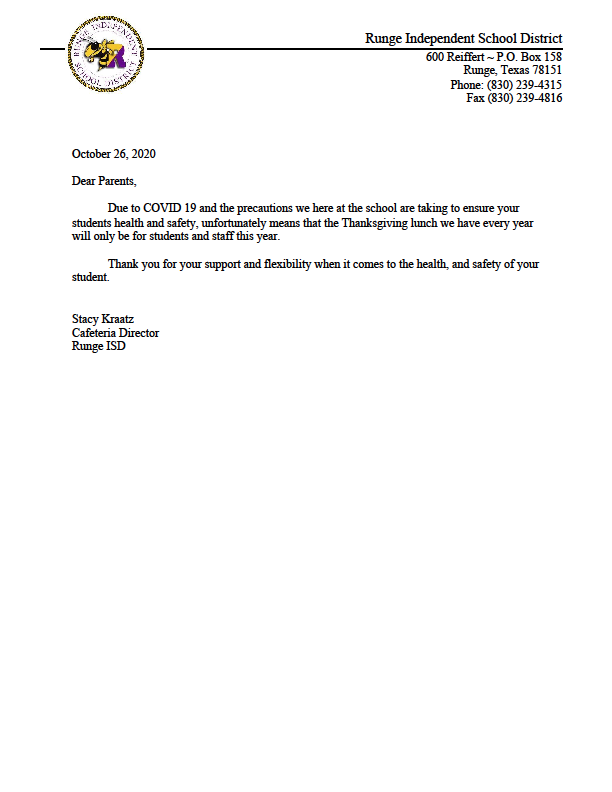 Runge ISD - Thanksgiving Lunch Letter