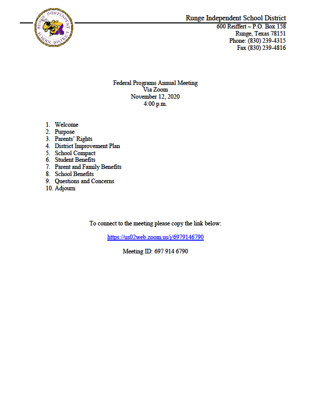 Runge ISD - Federal Programs Annual Meeting